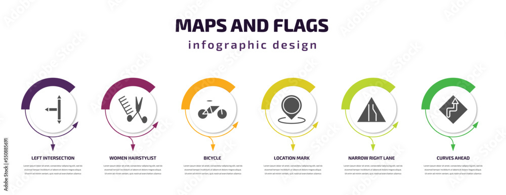 maps and flags infographic element with filled icons and 6 step or ...