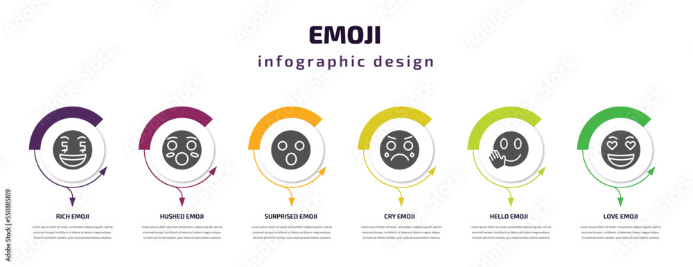 emoji infographic element with filled icons and 6 step or option. emoji ...