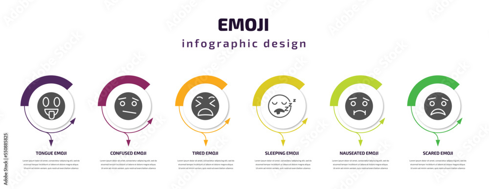 emoji infographic element with filled icons and 6 step or option. emoji ...