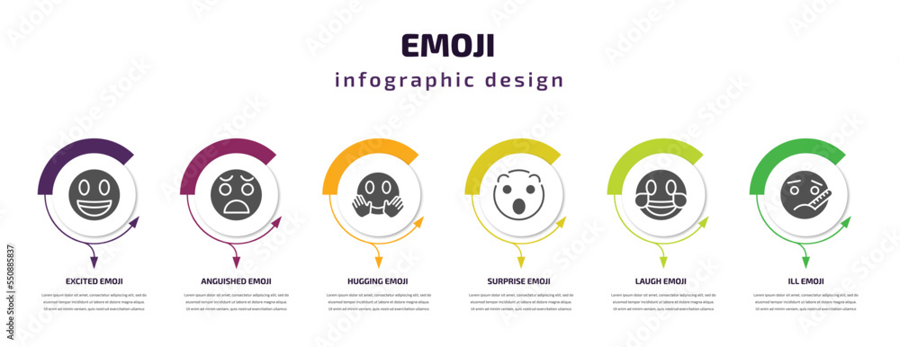 emoji infographic element with filled icons and 6 step or option. emoji ...