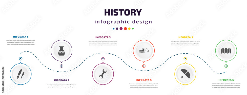 history infographic element with filled icons and 6 step or option ...