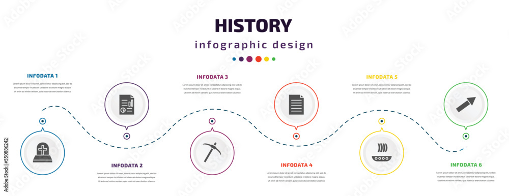 history infographic element with filled icons and 6 step or option ...