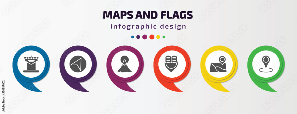 maps and flags infographic element with filled icons and 6 step or ...