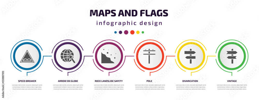 maps and flags infographic element with filled icons and 6 step or ...