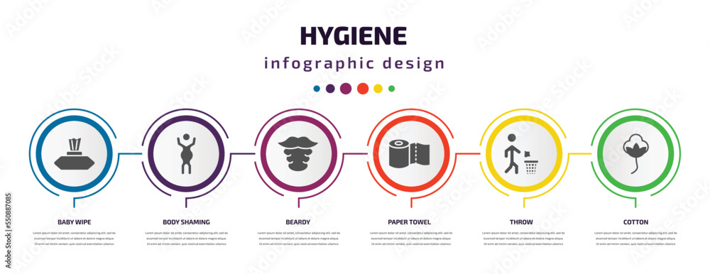 hygiene infographic element with filled icons and 6 step or option ...