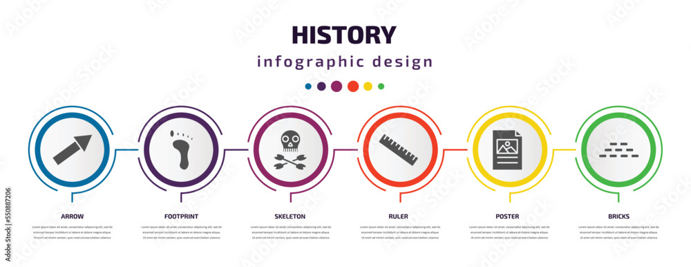 history infographic element with filled icons and 6 step or option ...