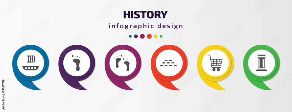 history infographic element with filled icons and 6 step or option ...