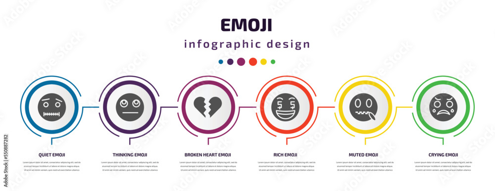 emoji infographic element with filled icons and 6 step or option. emoji ...
