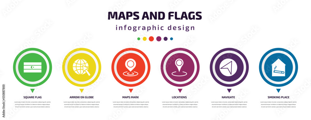 maps and flags infographic element with filled icons and 6 step or ...