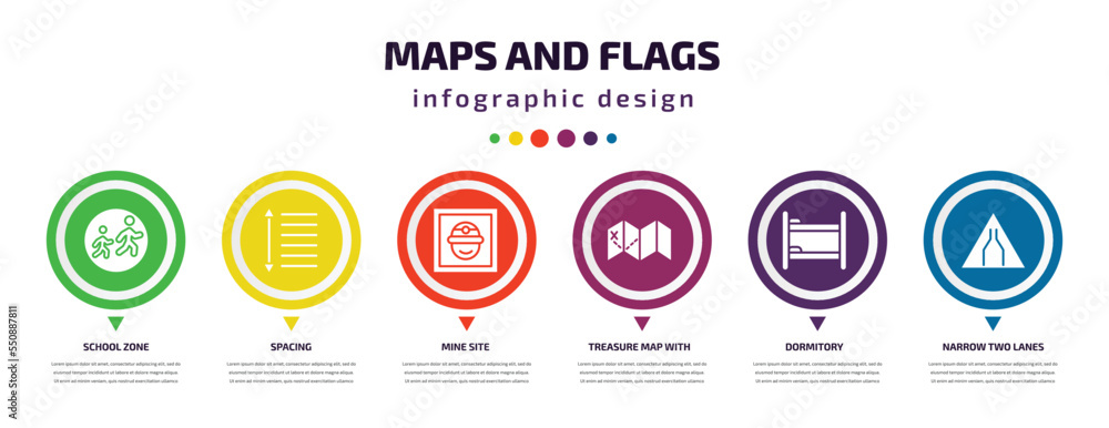 maps and flags infographic element with filled icons and 6 step or ...
