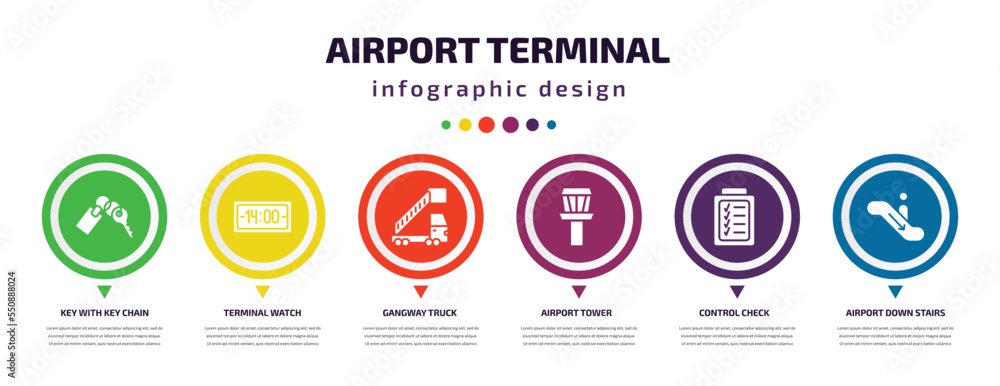 airport terminal infographic element with filled icons and 6 step or ...