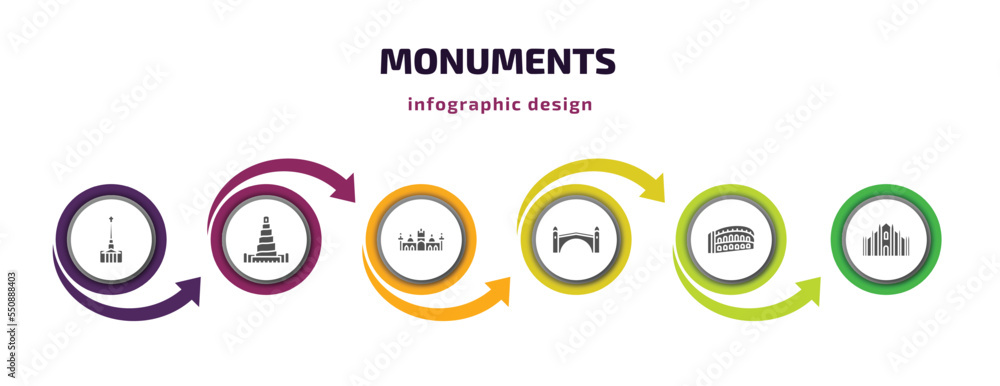 monuments infographic element with filled icons and 6 step or option ...