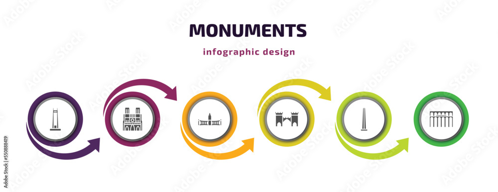 monuments infographic element with filled icons and 6 step or option ...