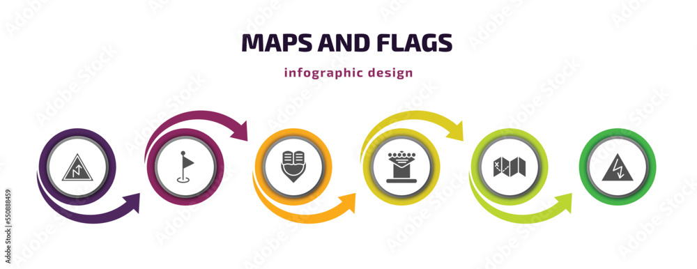 maps and flags infographic element with filled icons and 6 step or option. maps and flags icons ...