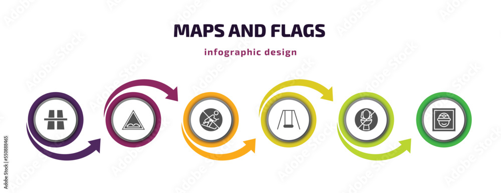 maps and flags infographic element with filled icons and 6 step or ...
