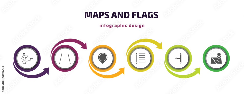 maps and flags infographic element with filled icons and 6 step or ...
