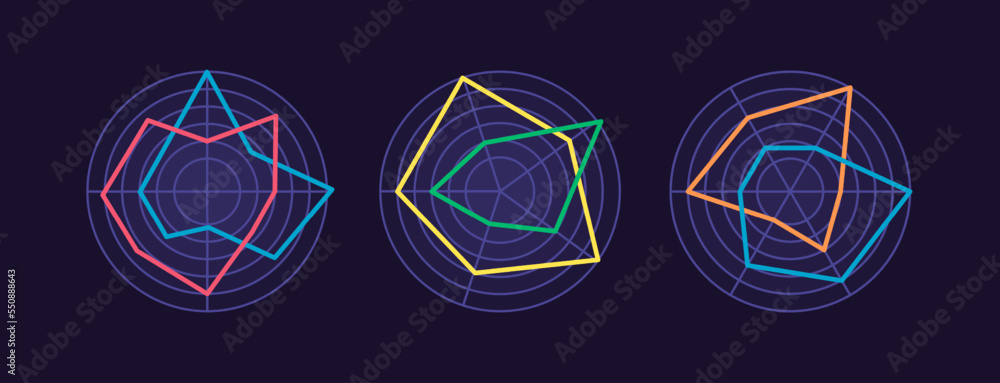 Wind condition infographic radar chart design template set for dark ...