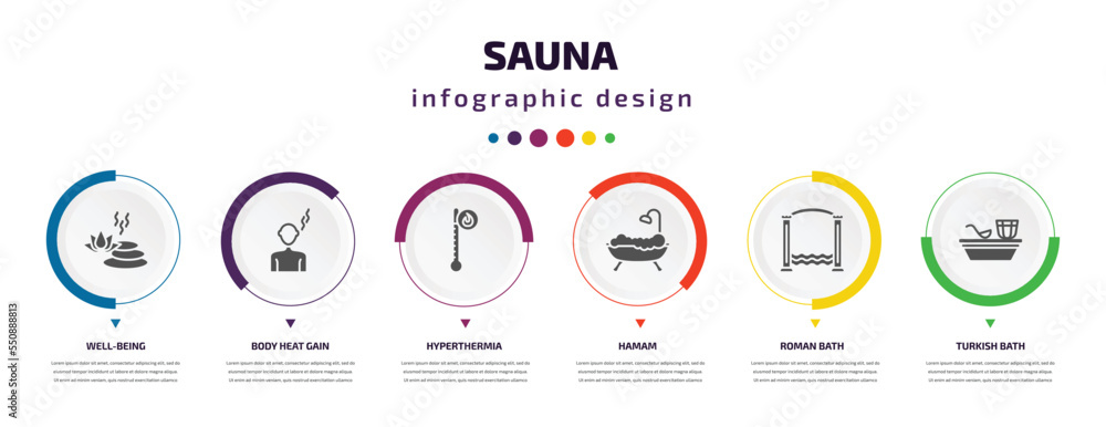 sauna infographic element with filled icons and 6 step or option. sauna ...