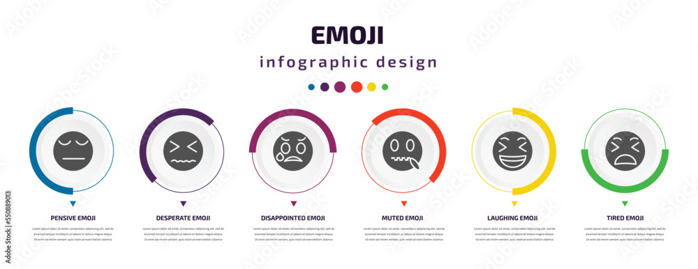 emoji infographic element with filled icons and 6 step or option. emoji ...