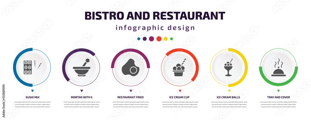 bistro and restaurant infographic element with filled icons and 6 step ...