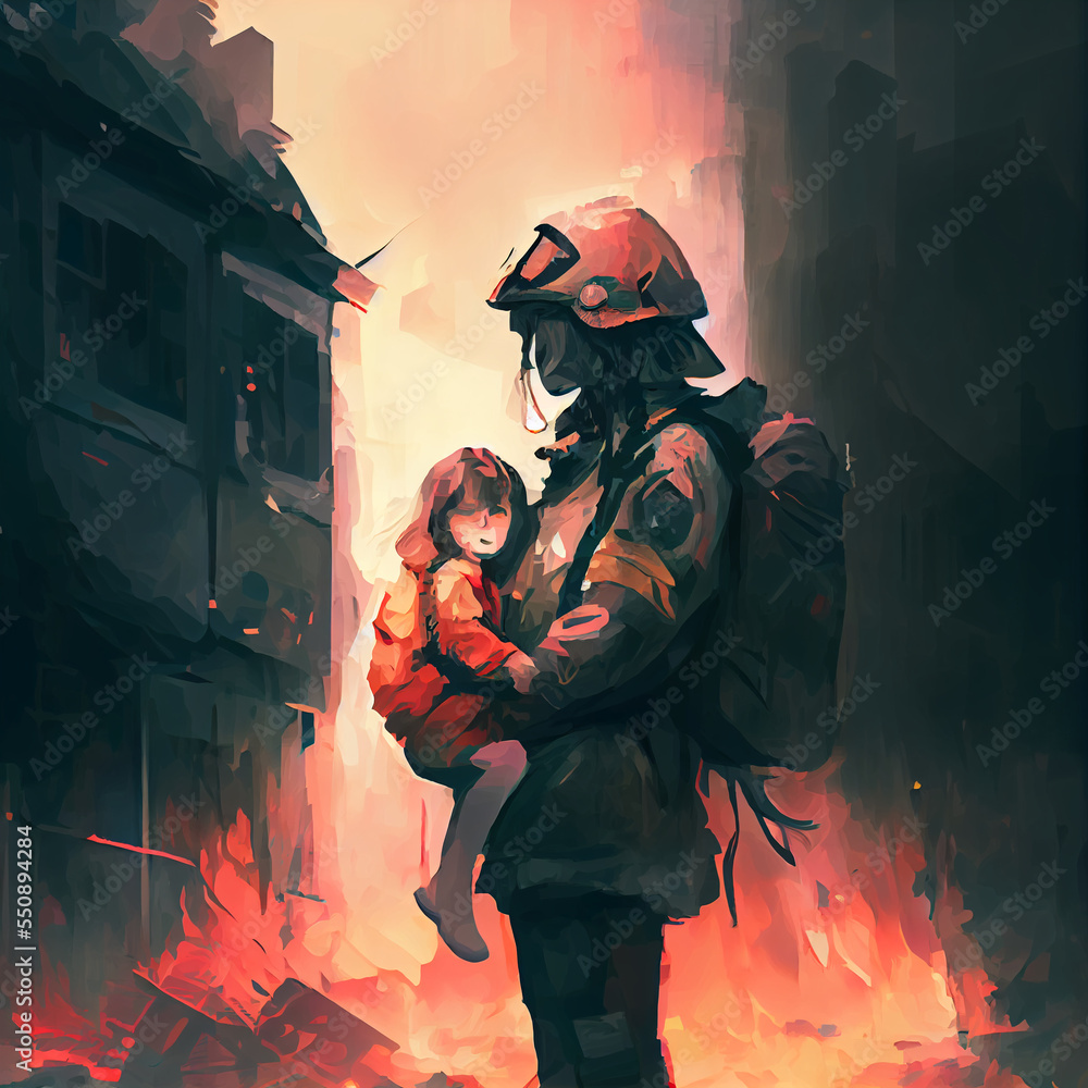 Firefighter holding girl standing in burning buildings, digital art ...