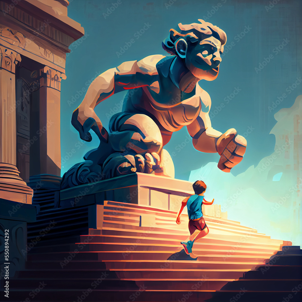 Adventure boy running on steps to the giant statue, digital art style ...