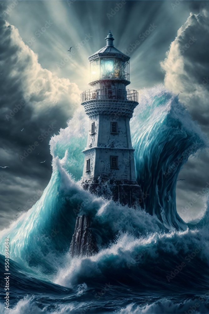lighthouse in the middle of the ozean, storm, giant wave, ray of light ...