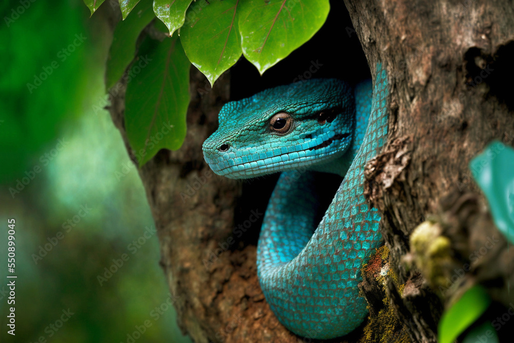 Illustration of a blue viper snake curled up in a tree with its head ...