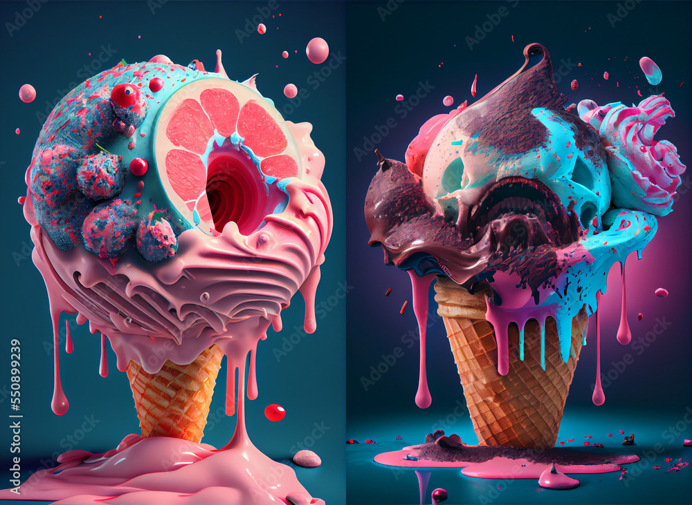 Ice cream illustration, 3d render, colorful background with splashes ...