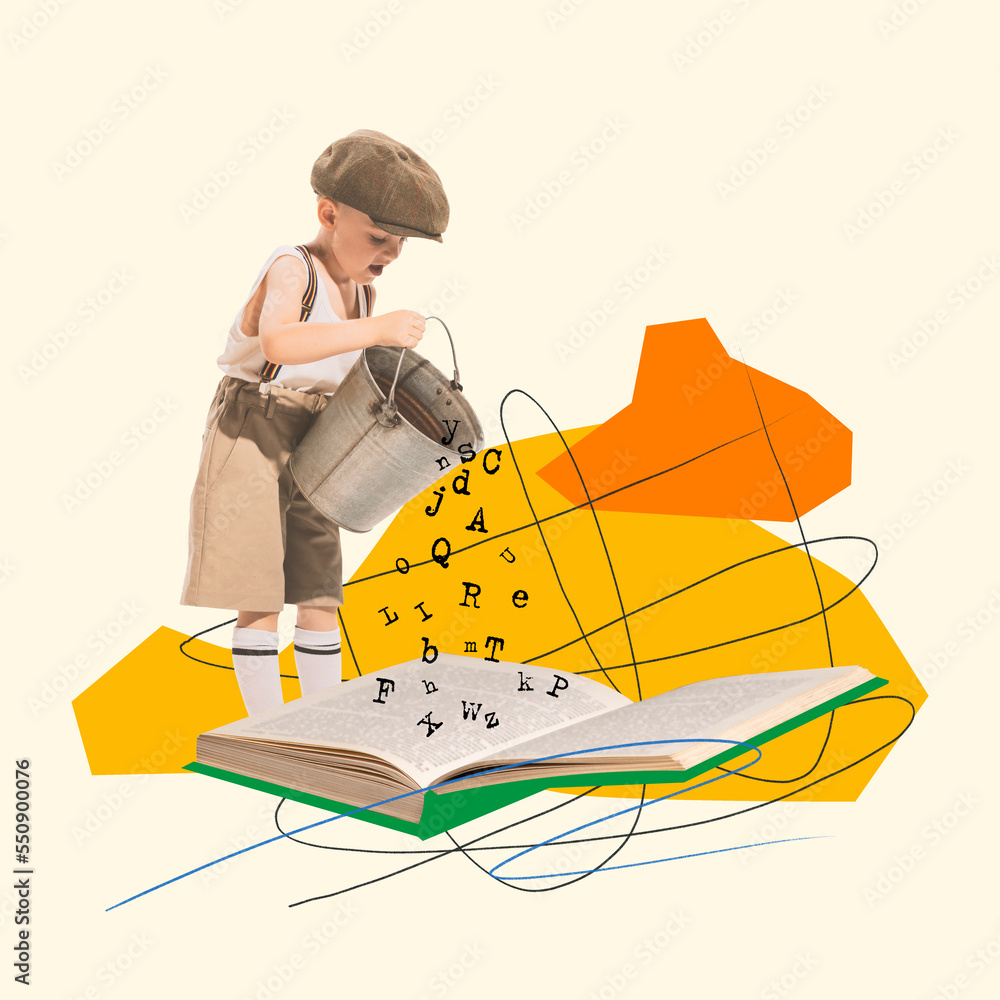 Contemporary art collage. Little boy, child pouring letters from basket ...