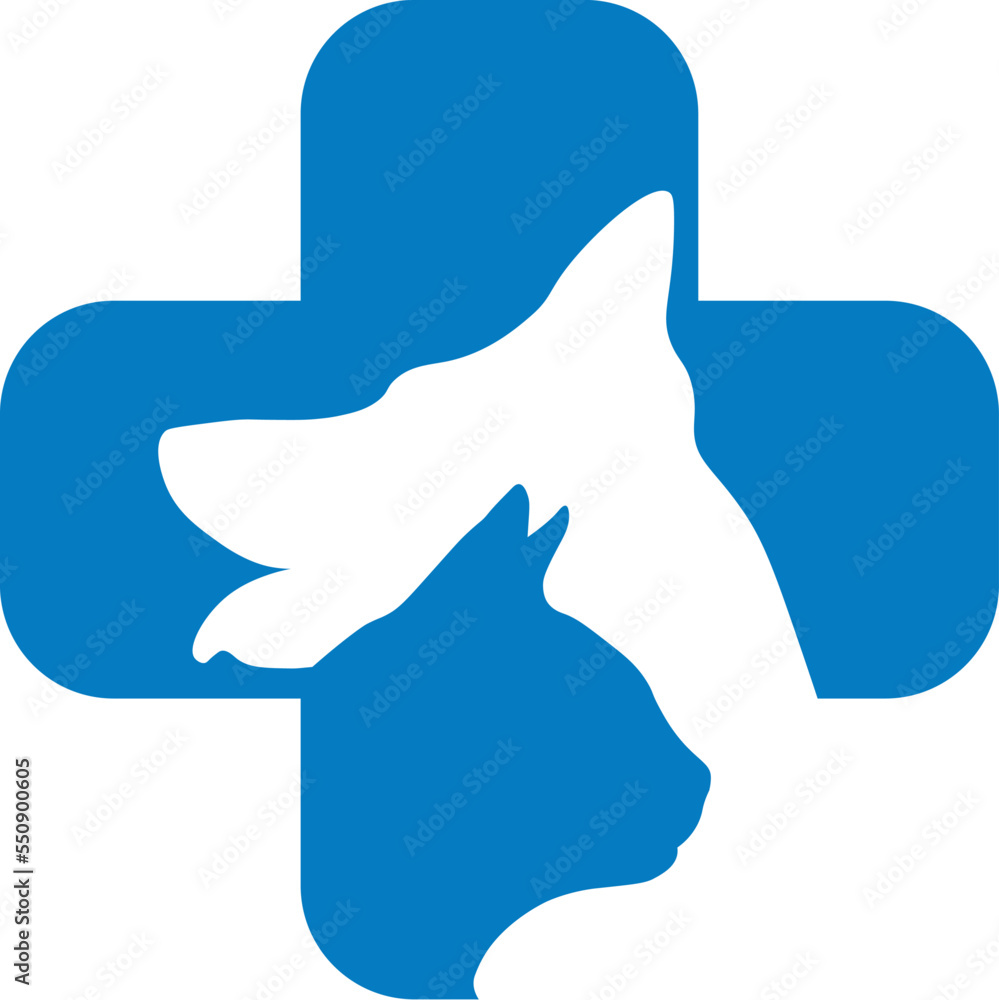 Dog and cat veterinary medicine cross pet care blue logo icon. Isolated ...