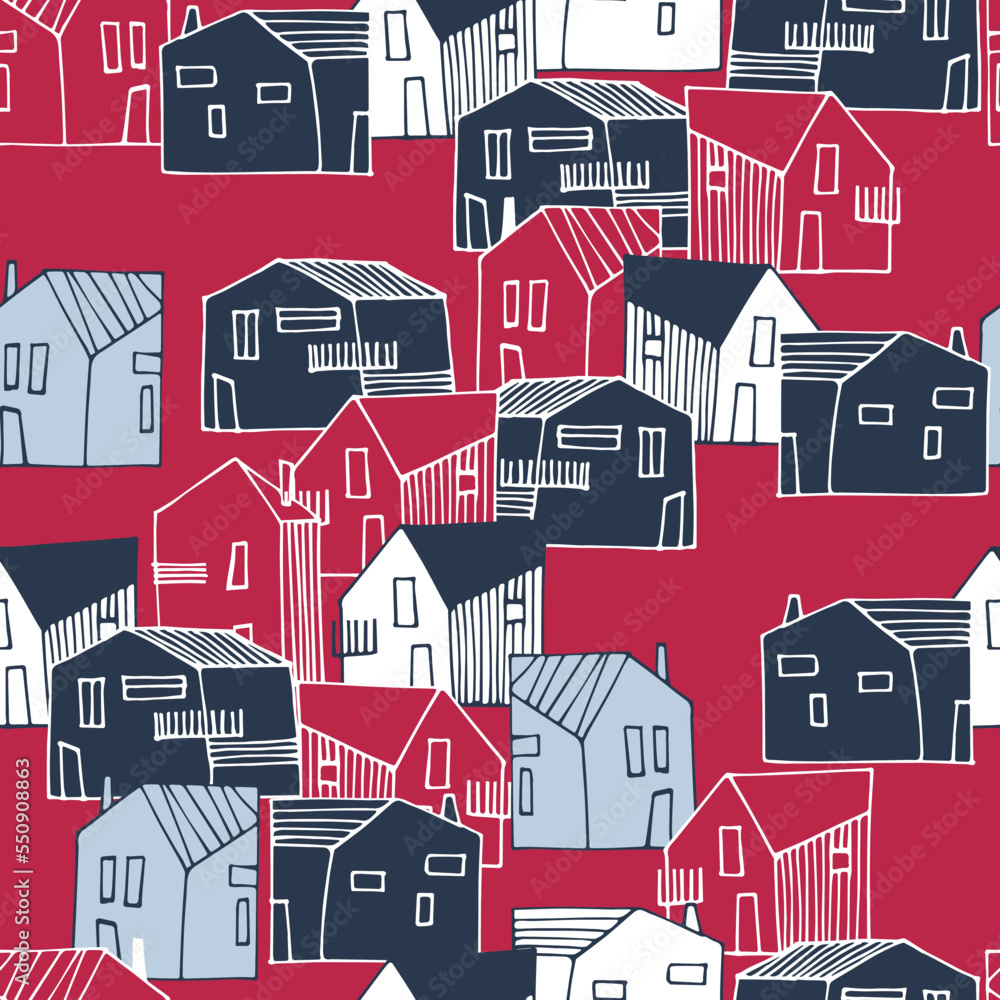 Seamless pattern with townscape in Color of The Year, Viva Magenta ...