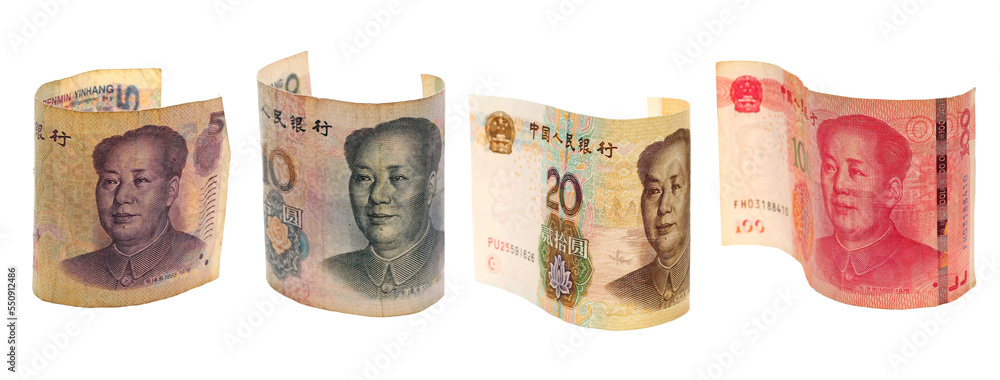 Yuan bills falling isolated on white background and texture, with ...