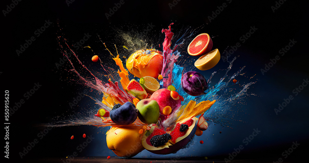 Fruits exploding colorful, energy drink Stock Illustration | Adobe Stock