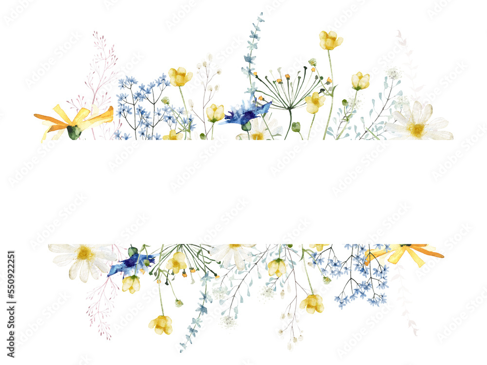 Watercolor painted floral strip frame. Blue and yellow wild flowers ...