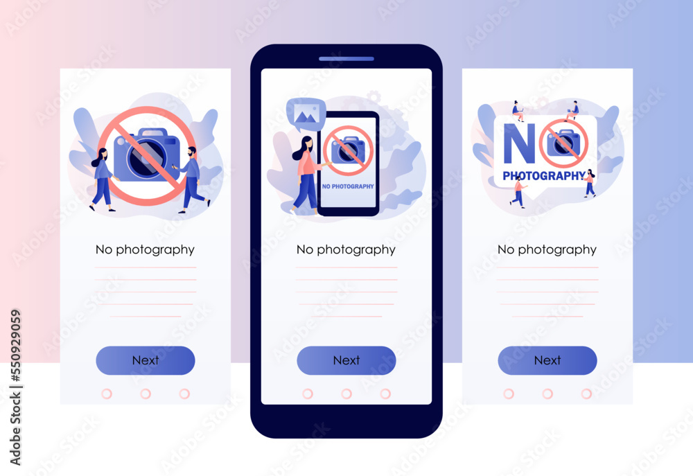 Vetor de No photography icon. Tiny people and red sign No camera. No ...