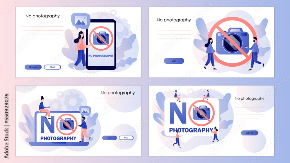 No photography icon. Tiny people and red sign No camera. No pictures ...
