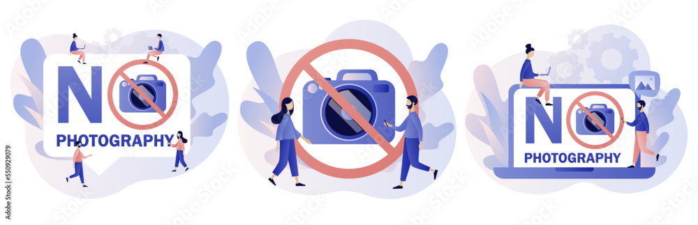 No photography icon. Tiny people and red sign No camera. No pictures ...