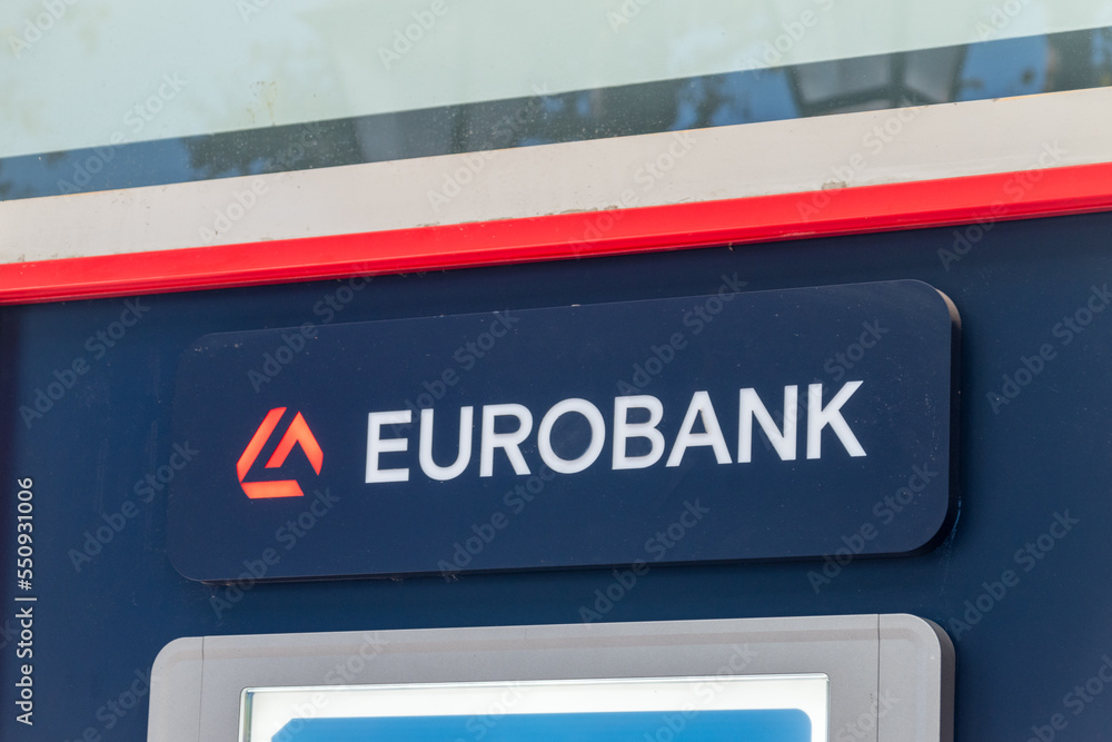 Thessaloniki, Greece - September 29, 2022: Logo and sign of Eurobank. Logo of fourth largest ...