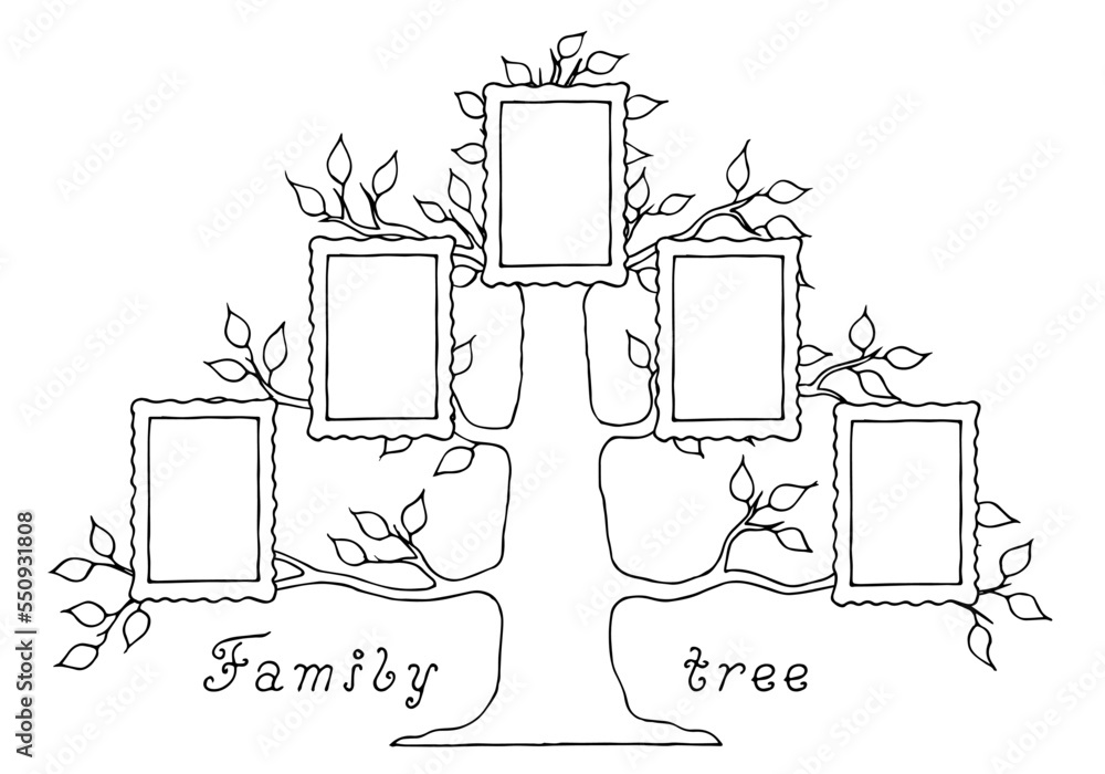 Vetor de Family tree in doodle style. Family tree with photo frames ...