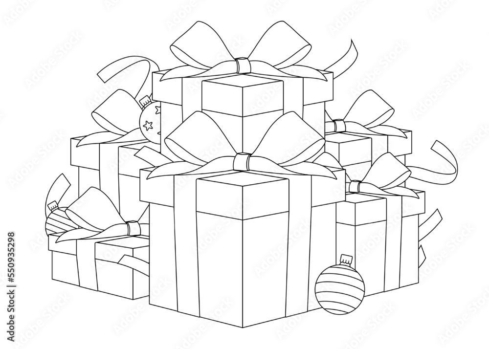 Christmas gift boxes with ribbons and balls, coloring page outline ...