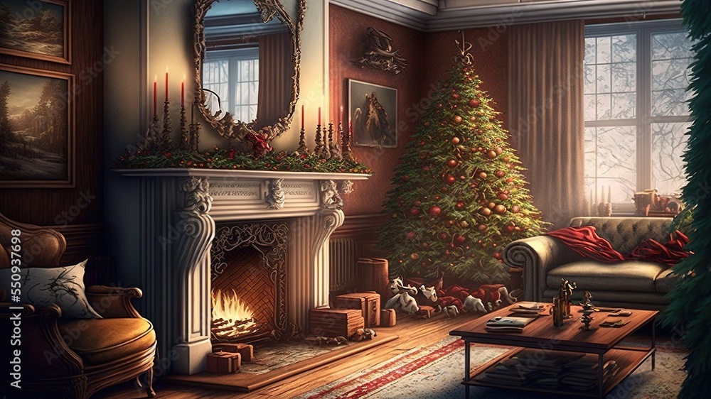 Christmas Victorian Interior Vintage Retro Postcard Background. Gifts ...