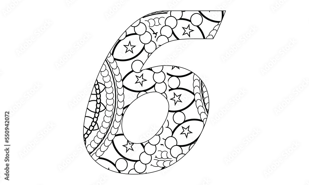 Zentangle stylized alphabet.Number 6 in doodle style. Hand drawn sketch ...