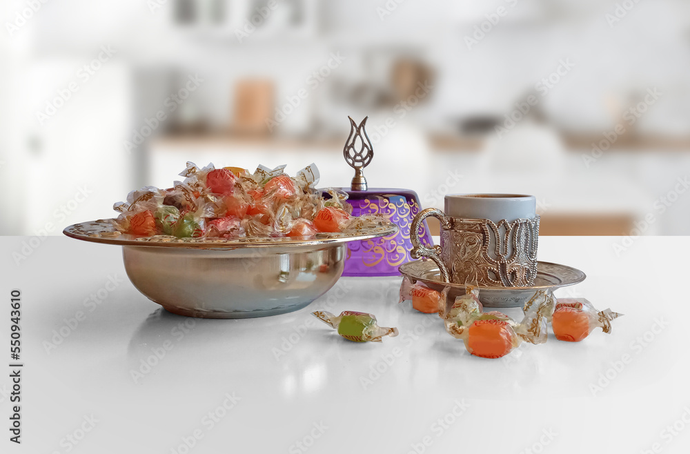 Happy Ramadan. Turkish holiday ramadan candy.Turkish coffee. (Turkish ...