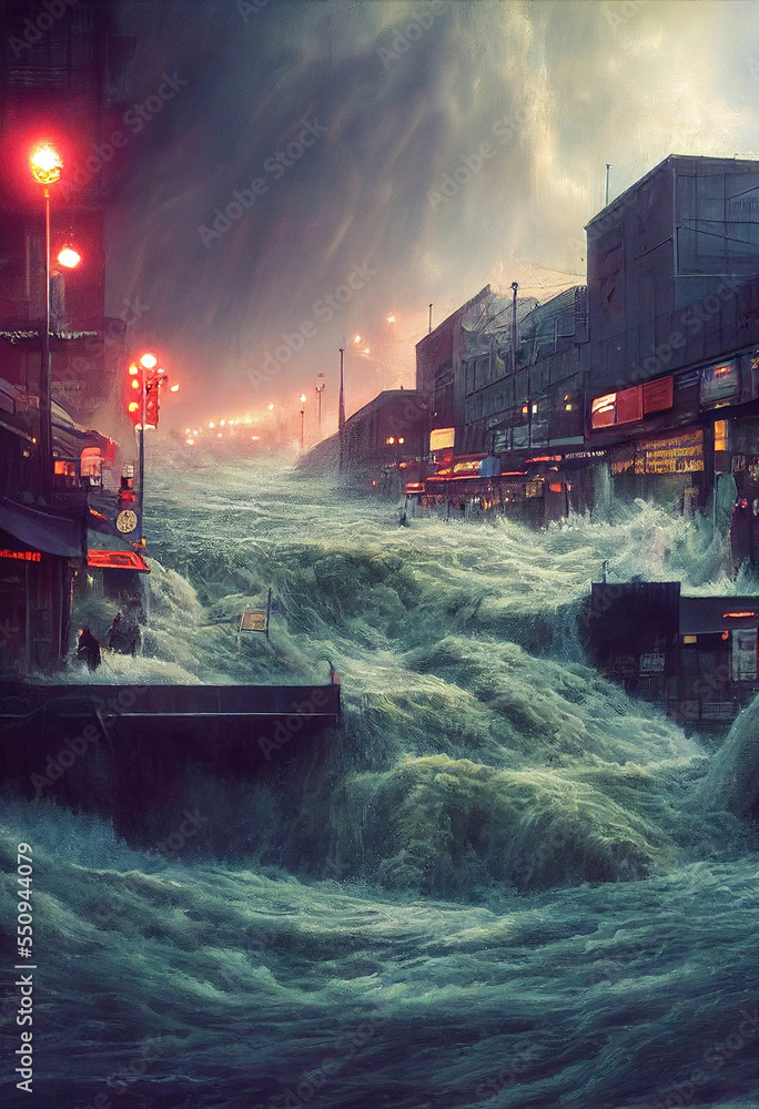 Dam breaks, post apocalyptic scene, city flooded ilustração do Stock ...