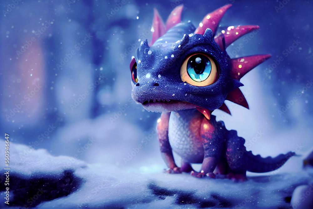 Cute baby fire dragon in a winter forest on a winter day Stock ...