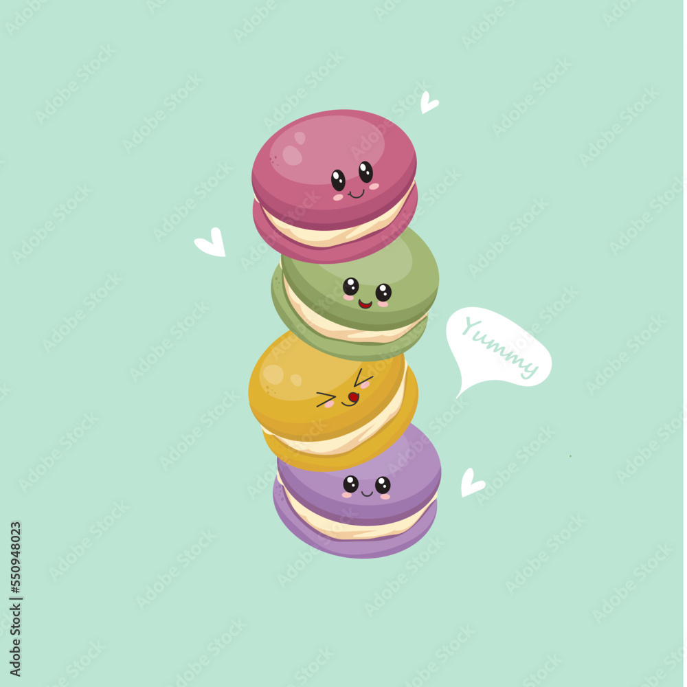 Cute and funny colourful four kawaii macaron characters on a mint ...