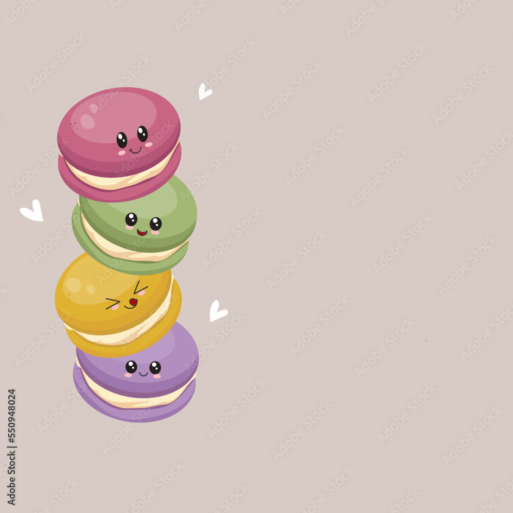 Colorful kawaii french macaron cookies on a neutral beige colour ...