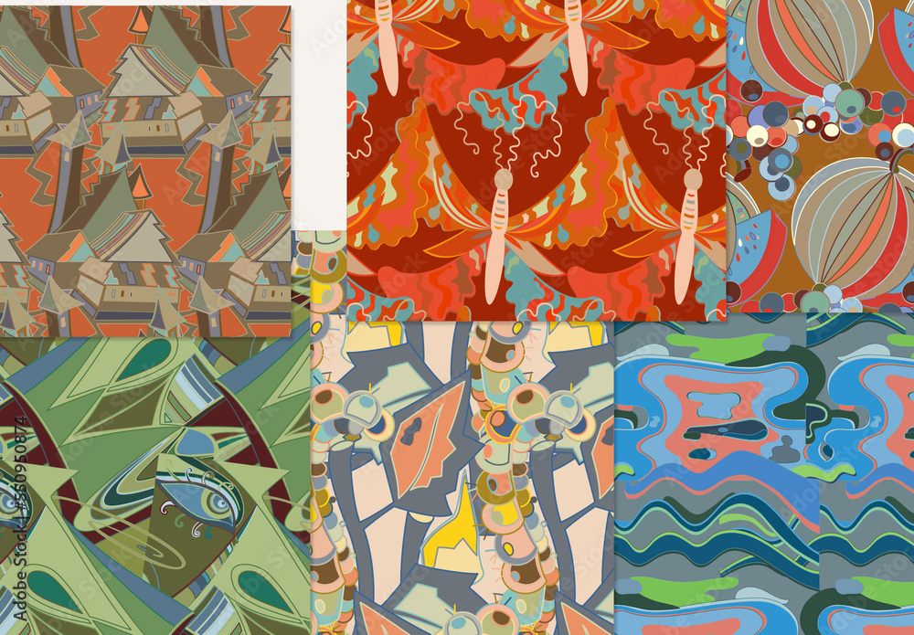 Set of Abstract Seamless Patterns with Cubism Art Elements and Graffiti ...