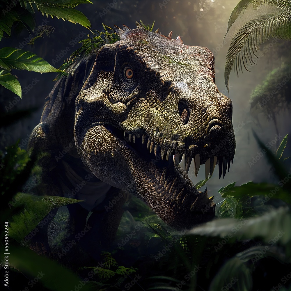 Dinosaurs hiding in the jungle foliage, photorealistic ai generated ...